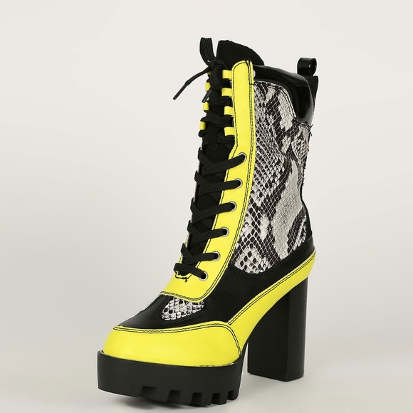 BAMBOO | Shoes | New Neon Yellow Snake High Heel Combat Booties | Poshmark